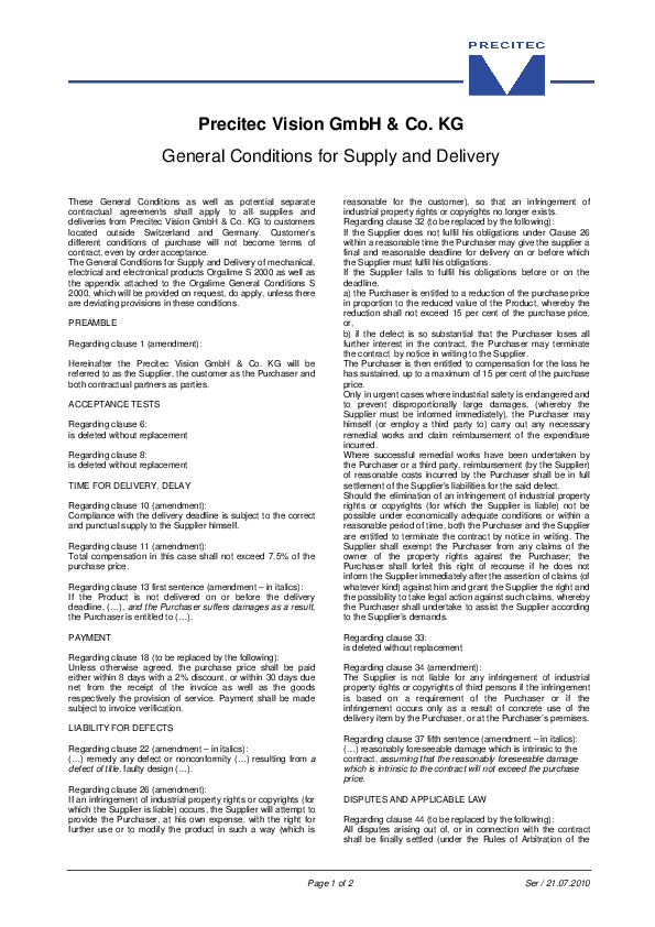 Precitec Vision GmbH & Co. KG General Conditions for Supply and Delivery